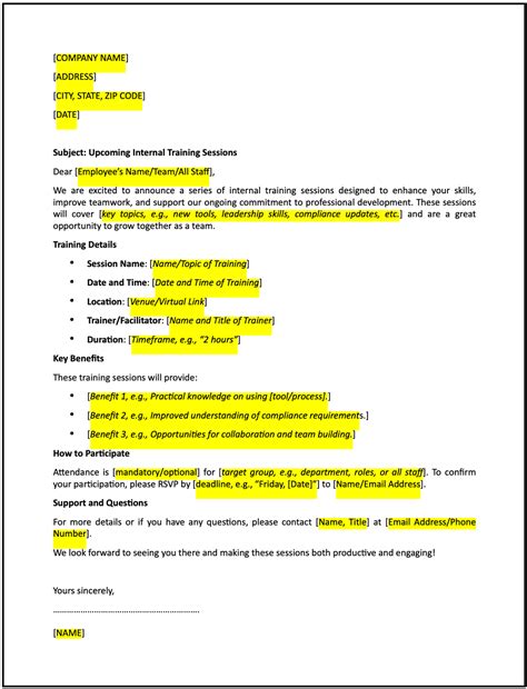 Announcement Of Upcoming Internal Training Sessions Letter Free Template