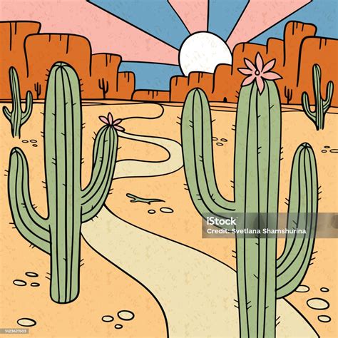 애리조나 대초원 선인장 및 협곡 바위가있는 미국 야생 서부 자연 먼지가 많은 사막 풍경 윤곽선 벡터 손으로 그린 그림 배경 Wpa에 대한 스톡 벡터 아트 및 기타 이미지