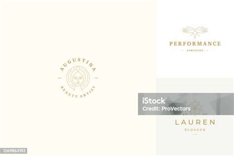 벡터 라인 로고 엠블럼 디자인 템플릿 세트 여성 얼굴 과 제스처 손 일러스트 간단한 최소한의 선형 스타일 0명에 대한 스톡 벡터 아트 및 기타 이미지 Istock