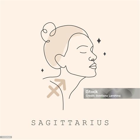 궁수 자리 조디악 표지판 한 줄 그리기 추상적 인 여성 얼굴을 가진 점성술 아이콘 수수께끼와 난해한 윤곽선 로고 별자리 기호