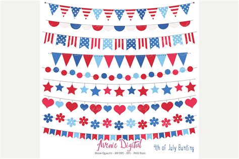 A Colorful Clipart Image Featuring Various Bunting Flags In Red White