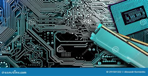 Computer Memory And Processor On Circuit Motherboard Background Stock Photo Image Of Upgrade