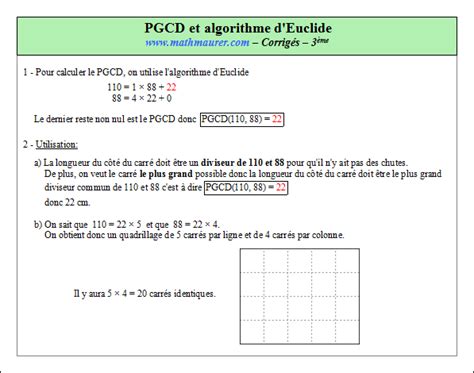 Exercices corrigés sur le pgcd et l algorithme d Euclide en troisième
