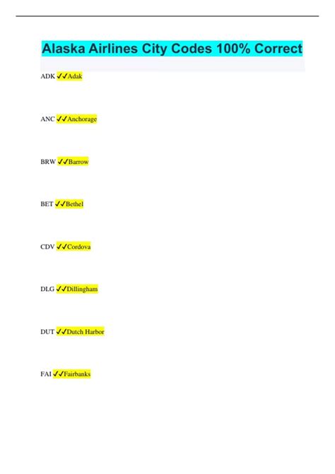 Alaska Airlines City Codes 100 Correct Alaska Airlines Stuvia Us