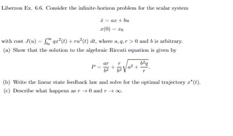 Liberzon Ex 66 Consider The Infinite Horizon Problem For The Scalar System ẋa Xb U X0x0