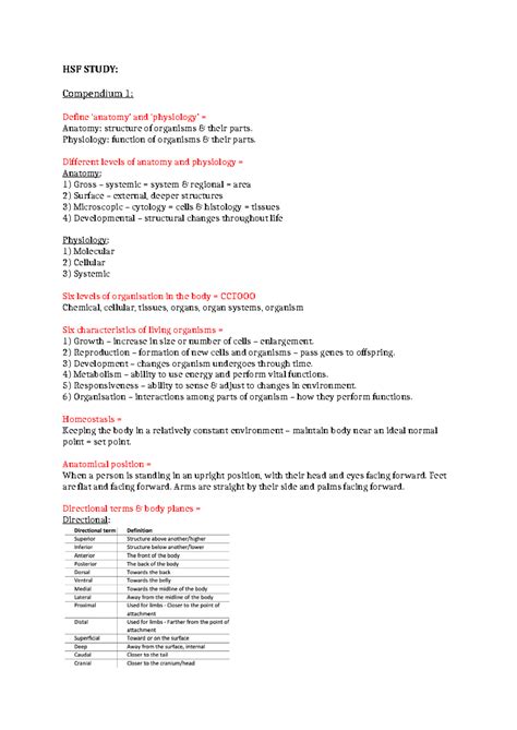 Hsf Study Hsf Study Compendium 1 Define ‘anatomy And ‘physiology