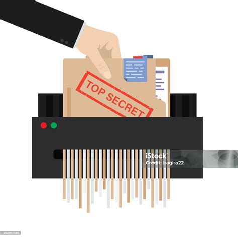 슈레더 기계에서 파괴하기 위한 일급 비밀 폴더 스파이 또는 정치인의 손은 종이 파쇄기로 비밀 문서를 파괴합니다 보안 기밀 데이터 정보 보호 갈기갈기 찢어진에 대한 스톡 벡터