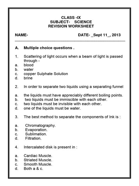 Cbse Class 9 Science Worksheet Pdf