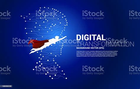 슈퍼 히어로의 실루엣은 도트 연결 라인 회로 보드 스타일에서 남자 머리와 비행 개념 배경 인간의 미래와 기술 경외감에 대한 스톡 벡터 아트 및 기타 이미지 Istock