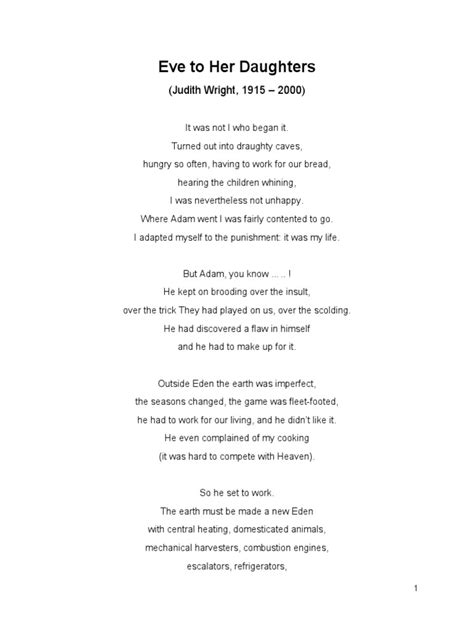 Eve To Her Daughters Judith Wright 1915 2000 Pdf Adam Cain