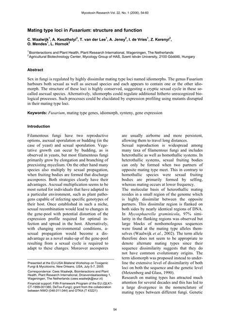 Pdf Mating Type Loci In Fusarium Structure And Function