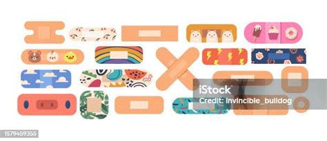 상처 치유 및 보호를 돕기 위한 석고 다양한 접착 붕대 및 의료 드레싱 세트 반창고에 대한 스톡 벡터 아트 및 기타 이미지 반창고 다중 색상 간호사 Istock