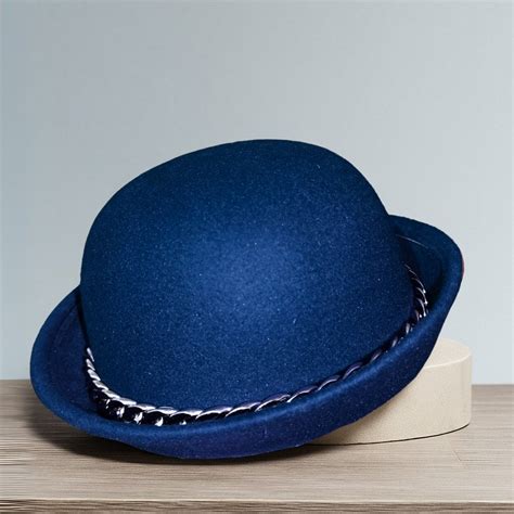 Wool Felt Bowl Hat With Chain Navy Blue Taroov