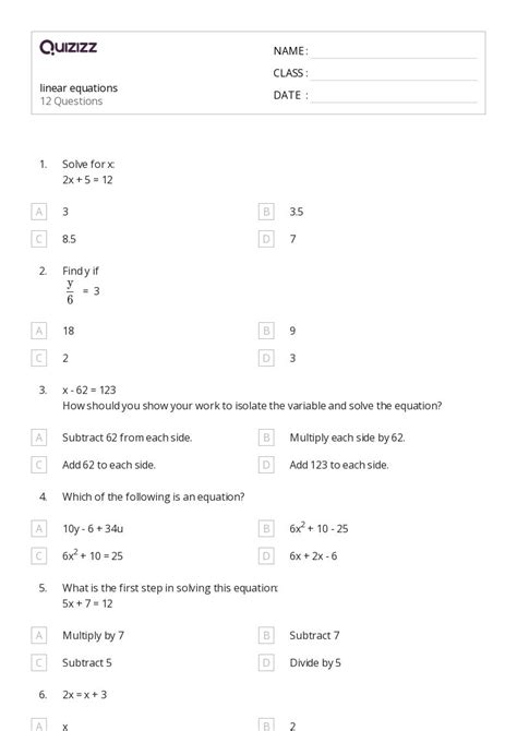 50 Linear Equations Worksheets For 6th Class On Quizizz Free Printable