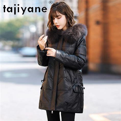 Tajiyane 여성용 진짜 양가죽 다운 재킷 중간 길이 루즈 다운 코트 여우 모피 칼라 후드 파카 겨울 진짜 가죽