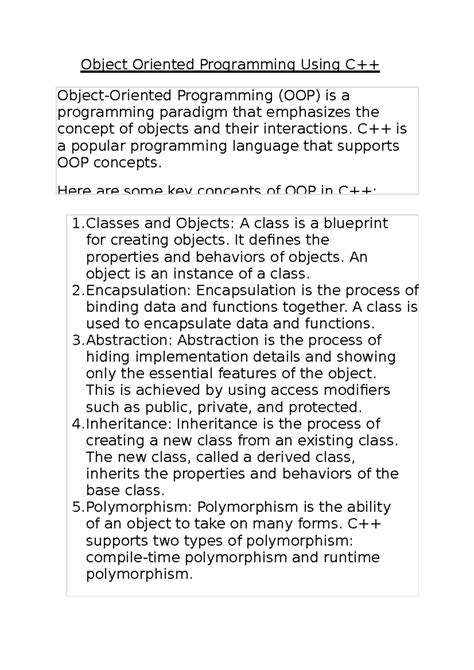 Object Oriented Programming Using C It Defines The Properties And Behaviors Of Objects An
