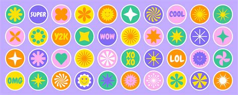 Y2k 스티커 팩 멋진 추상 도형 아이콘 세트입니다 트렌디한 복고풍 그루비 패치 만화 미적 벡터 일러스트 레이 션 1990 1999 년에 대한 스톡 벡터 아트 및 기타