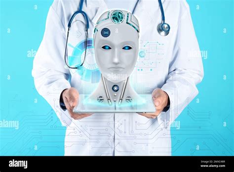 Doctor Demonstrating Digital Model Of Artificial Intelligence On Blue Background Closeup