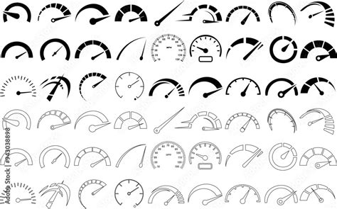 Speedometer icon, gauge symbols, meter illustrations, needle indicator vector collection ...