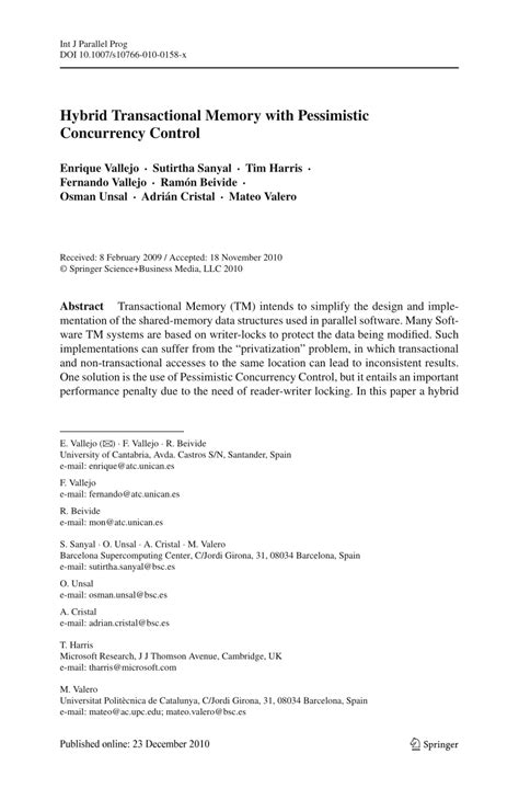 Pdf Hybrid Transactional Memory With Pessimistic Concurrency Control