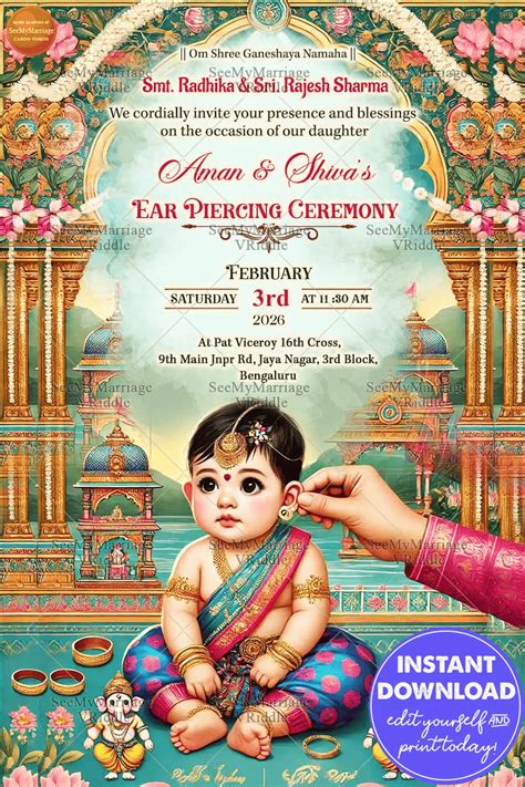 Blue Theme Ear Piercing Ceremony Invitation Card With Architectural