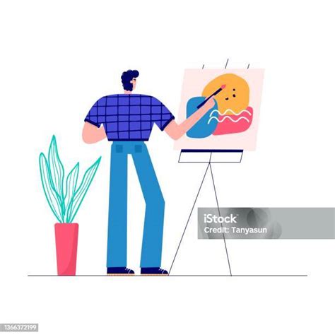 그의 취미 일 여가를 즐기는 남자 문자 드로잉 직장에서 디자이너와 예술가 플랫 만화 스타일의 벡터 일러스트레이션 개체 그룹에