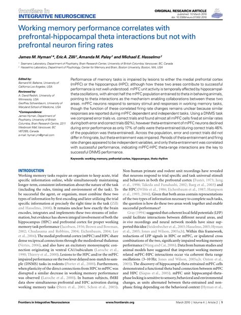 Pdf Working Memory Performance Correlates With Prefrontal Hippocampal