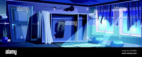 Abandoned Dark Room Background Banner In Flat Cartoon Design Night