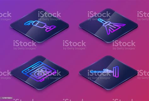 아이소 메트릭 라인 진공 청소기 식기 세척기 핸들 빗자루 및 걸레를 설정합니다 파란색 사각형 버튼 벡터 3차원 형태에 대한 스톡 벡터 아트 및 기타 이미지 Istock