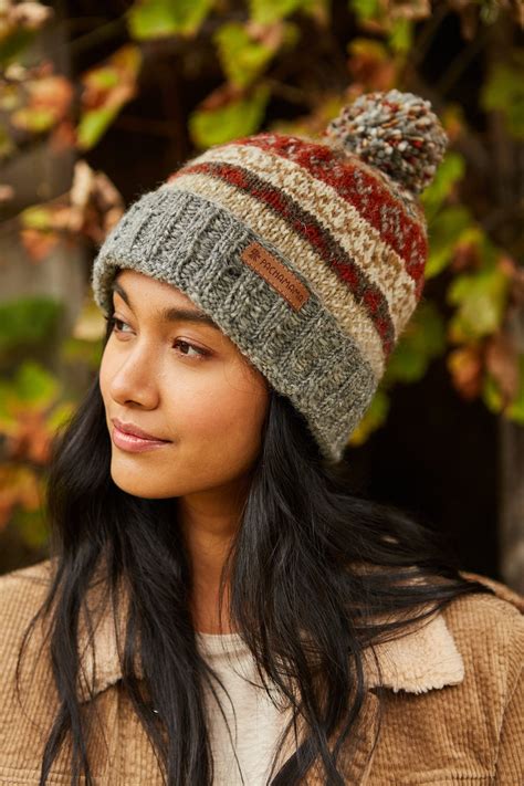 Womens Fair Isle Knitted Roll Back Bobble Beanie 100 Wool