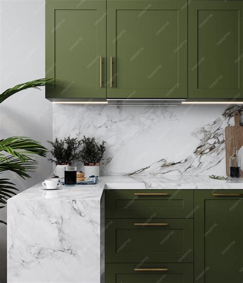Premium Photo Modern Green Kitchen Interior Design Close Up 3d Rendering