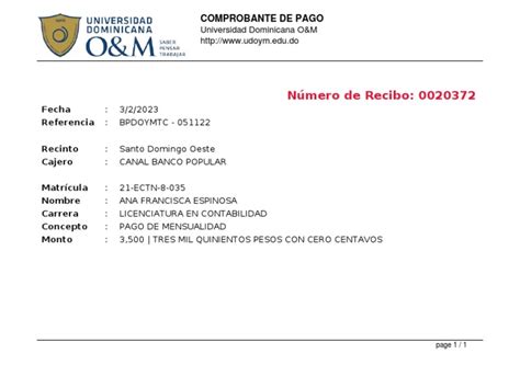 Comprobante De Pago Universidad Oandm Pdf