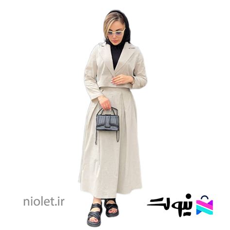 حراج ست کت دامن سوپرلنین زنانه کرم و طوسی نیولت