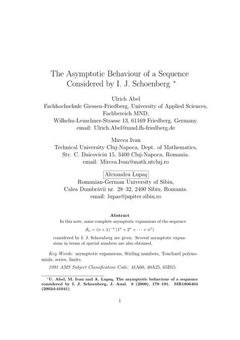Pdf The Asymptotic Behaviour Of A Sequence Considered By I J Schoenberg