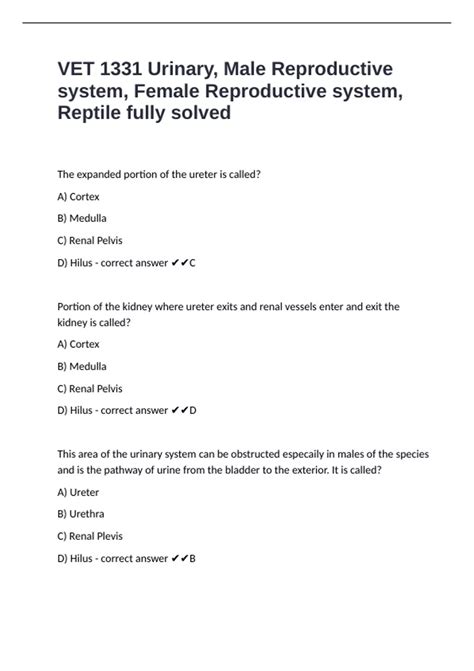 Vet 1331 Urinary Male Reproductive System Female Reproductive System Reptile Fully Solved