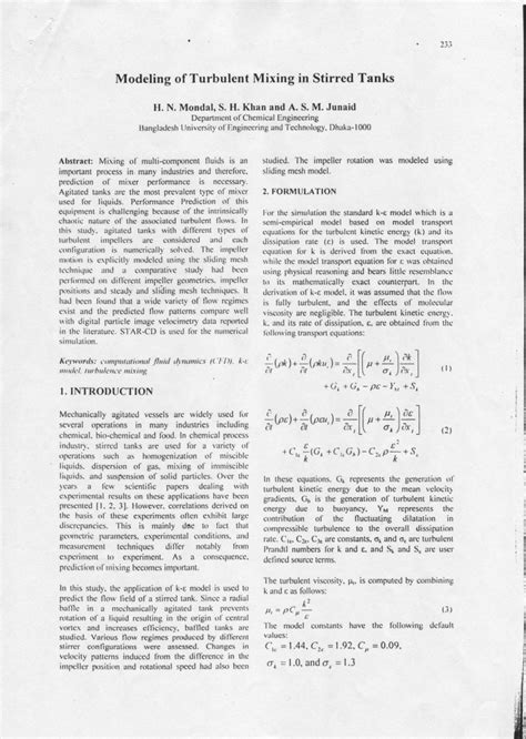 Pdf Modeling Of Turbulent Mixing In Stirred Tanks