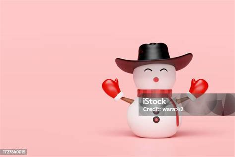 카우보이 모자 따뜻한 장갑 분홍색 배경에 분리된 스카프를 가진 3d 눈사람 메리 크리스마스와 축제 새해 3d 렌더링