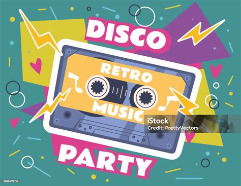 디스코 파티 라디오 복고풍 음악 펑키 포스터 개념 벡터 평면 그래픽 디자인 그림 오디오 카세트에 대한 스톡 벡터 아트 및 기타