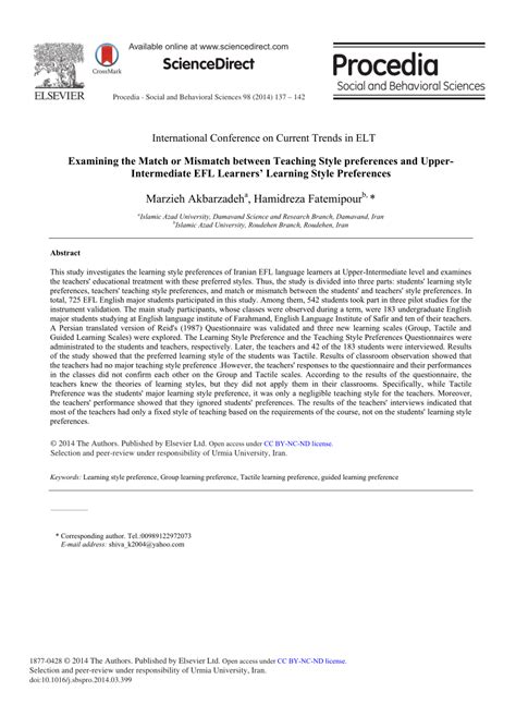 Pdf Examining The Match Or Mismatch Between Teaching Style Preferences And Upper Intermediate