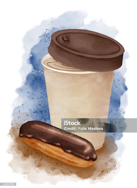 수채화 배경에 커피와 에클레어 한 잔 엽서 카드 명함을위한 디자인 수채화 스타일의 고립 된 그림 달콤한 음식에 대한 스톡 벡터 아트 및 기타 이미지 Istock