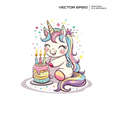 생일 유니콘 캐릭터 일러스트레이션 마스코트 로고 디자인 터 프리미엄 벡터