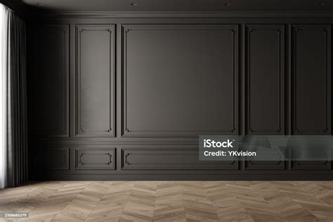몰딩 셰브론 나무 바닥 및 커튼이 있는 클래식한 빈 검은색 인테리어 3d 렌더링 일러스트레이션 모형 0명에 대한 스톡 사진 및 기타 이미지 Istock