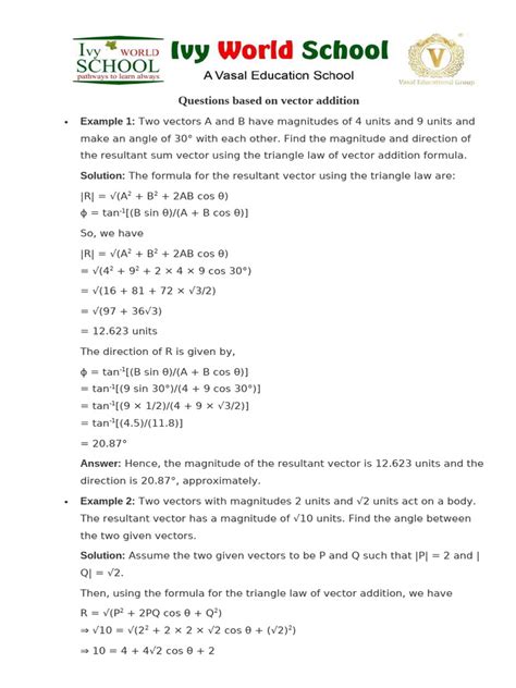 Vector Addition Questions Pdf