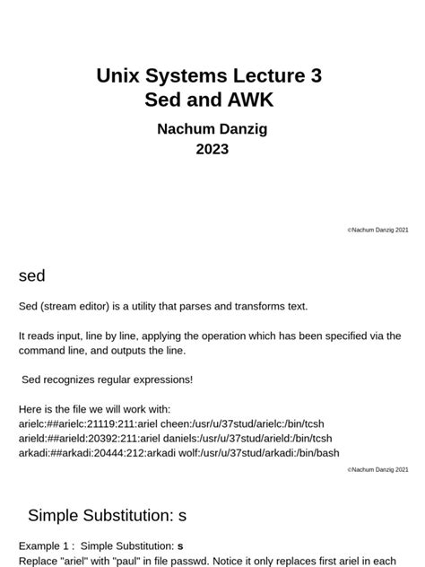 2023 Unix Lecture 3 Sed And Awk In Some Years Pdf Computer