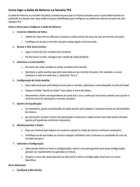 Como Ligar A Saída De Retorno Na Yamaha Tf5 Download Grátis Pdf