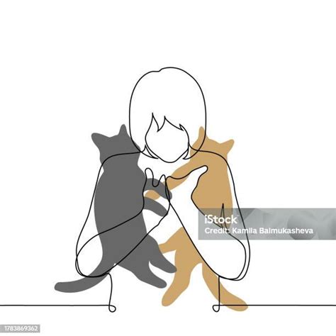 여자는 그의 팔에 두 성인 고양이를 잡고 껴안고 있습니다 하나의 라인 아트 벡터 개념 고양이 아가씨 수의사 길거리 고양이 가정 생활에 대한 스톡 벡터 아트 및 기타 이미지