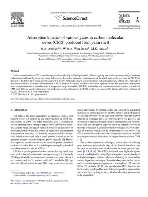Ahmad Et Al 2008 Adsorption Kinetics Of Various Gases In Carbon Molecular Sieves Cms