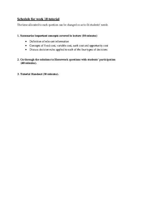 Week 10 Tutorial Schedule And Handout Schedule For Week 10 Tutorial