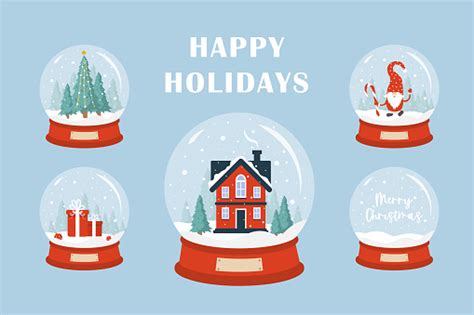 유리 스노우 글로브 컬렉션 겨울 풍경과 크리스마스 장식 공 세트입니다 파란색 배경에 고립된 눈송이가 있는 휴일 눈덩이입니다 평면