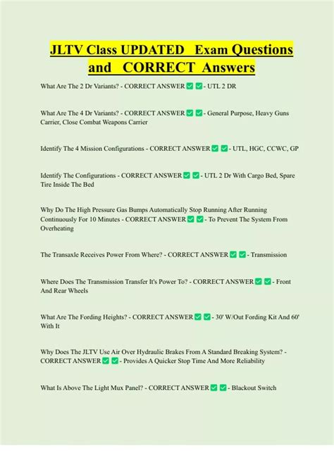 JLTV Class UPDATED Exam Questions And CORRECT Answers JLTV Stuvia US